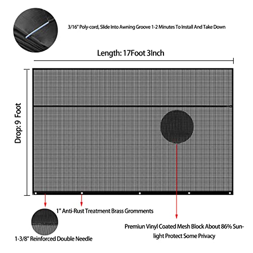 Gopper RV Awning Shade Screen with Zipper 9'x17'3", RV Awning Fabric Replacement Complete Kits for Trailer Camper, RV Awning 230GSM 8.2oz, 600D Durable Mesh Blocks 88% Sunlight, Improves Shade&Privacy