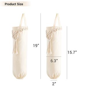 Mkono 2 Pack Small Plastic Bag Holder with Macrame Decor Boho Grocery Trash Bag Storage Dispenser Hanging Bags Organizer for Kitchen Bathroom Bedroom Living Room Office, Ivory, 6.3”W x 15.7”L