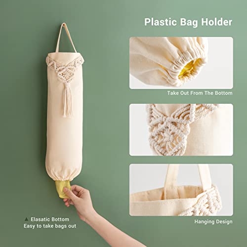 Mkono 2 Pack Small Plastic Bag Holder with Macrame Decor Boho Grocery Trash Bag Storage Dispenser Hanging Bags Organizer for Kitchen Bathroom Bedroom Living Room Office, Ivory, 6.3”W x 15.7”L