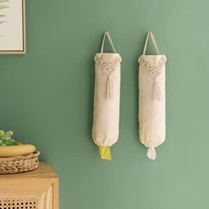 Mkono 2 Pack Small Plastic Bag Holder with Macrame Decor Boho Grocery Trash Bag Storage Dispenser Hanging Bags Organizer for Kitchen Bathroom Bedroom Living Room Office, Ivory, 6.3”W x 15.7”L