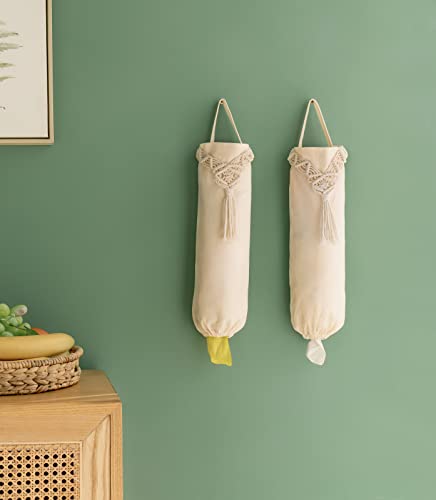 Mkono 2 Pack Small Plastic Bag Holder with Macrame Decor Boho Grocery Trash Bag Storage Dispenser Hanging Bags Organizer for Kitchen Bathroom Bedroom Living Room Office, Ivory, 6.3”W x 15.7”L