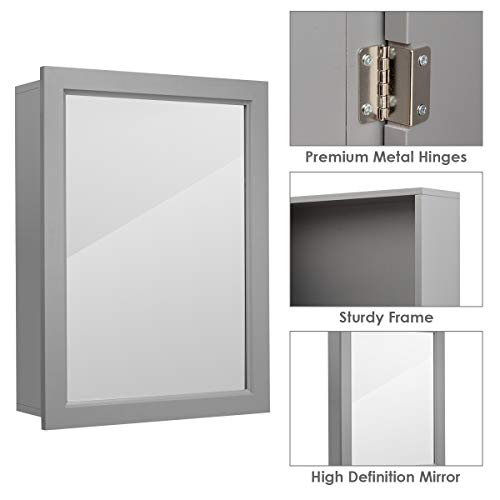 Hysache Bathroom Medicine Cabinet, Wall Mount Mirrored Storage Cabinets w/Single Door & Adjustable Shelf, Multipurpose Wooden Organizer for Hallway Living Room Bedroom Grey