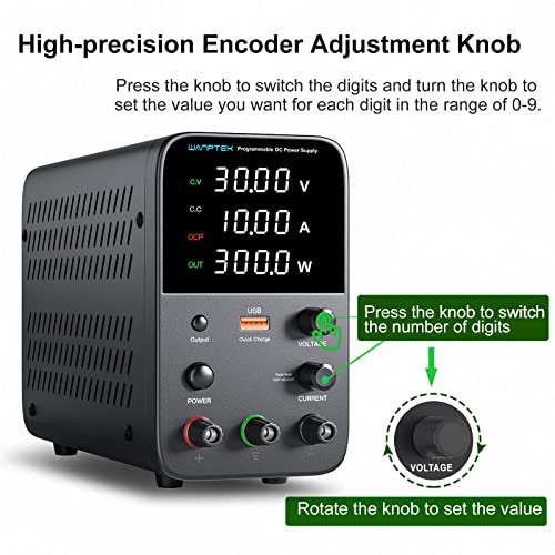 DC Power Supply Variable, Bench Power Supply with Output Switch, Short Circuit Alarm, Adjustable Switching Regulated Power Supply 30V 10A with 4-Digits LED Power Display, USB Quick-Charge Interface