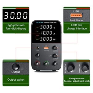 DC Power Supply Variable, Bench Power Supply with Output Switch, Short Circuit Alarm, Adjustable Switching Regulated Power Supply 30V 10A with 4-Digits LED Power Display, USB Quick-Charge Interface