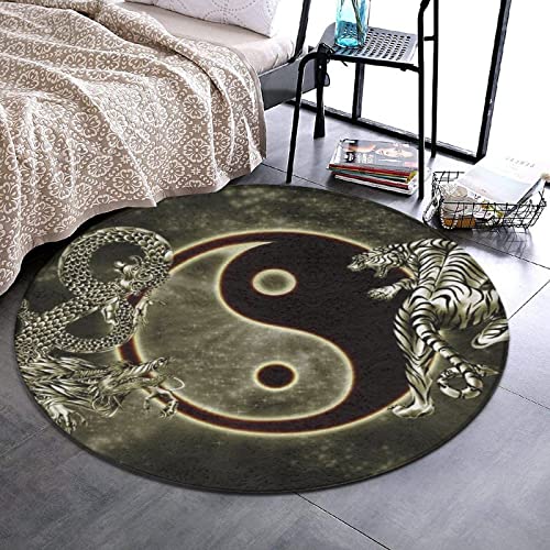 Premium Round Area Rug Ultra Soft Play Tent Rug Carpet Circular Area Rugs for Play Room Bedroom Living Room Nursery, Yin Yang Dragon Tiger, 24 Inch