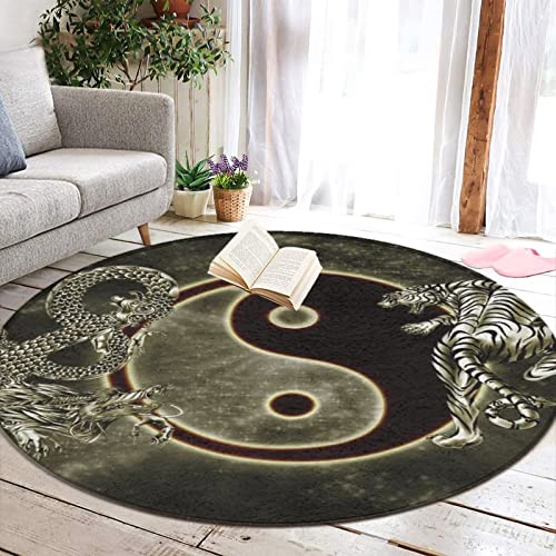 Premium Round Area Rug Ultra Soft Play Tent Rug Carpet Circular Area Rugs for Play Room Bedroom Living Room Nursery, Yin Yang Dragon Tiger, 24 Inch