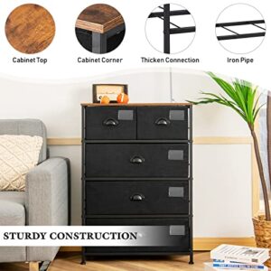 Giantex 5 drawer Dresser Fabric Storage Organizer with Adjustable Foot Pads & Folding Bin, Steel Frame Storage Cabinet Closet for Living Room, Bedroom, Cloakroom Unit Organizer, Black