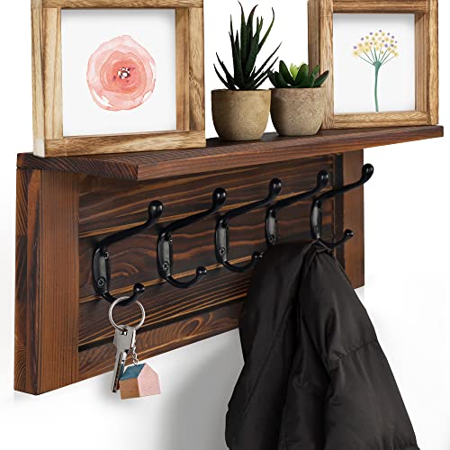 KIBAGA Decorative Coat Rack for Wall Mount - Stylish Wooden Shelf with 5 Hooks - The Perfect Hanger for Your Entryway Easily Holds All of Your Coats, Jackets or Bags