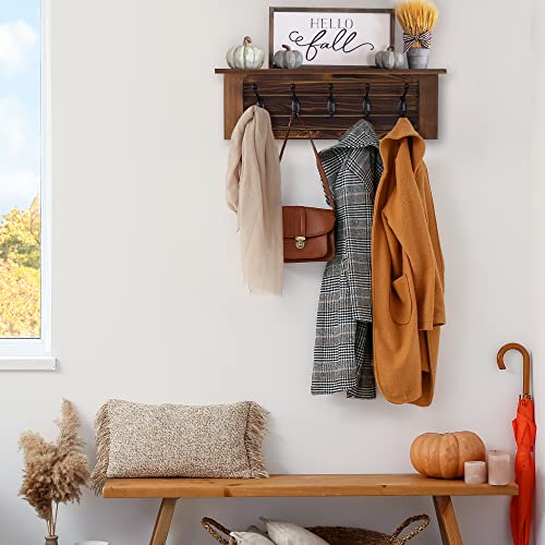 KIBAGA Decorative Coat Rack for Wall Mount - Stylish Wooden Shelf with 5 Hooks - The Perfect Hanger for Your Entryway Easily Holds All of Your Coats, Jackets or Bags