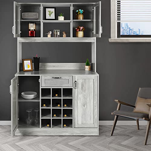 LAZZO Kitchen Buffet with Hutch, Kitchen Hutch Sideboard, Buffet Cabinet with Wine Rack Drawer Glass Door, Freestanding Kitchen Pantry Storage Cupboard with Open Shelves & Countertop for Home Hallway