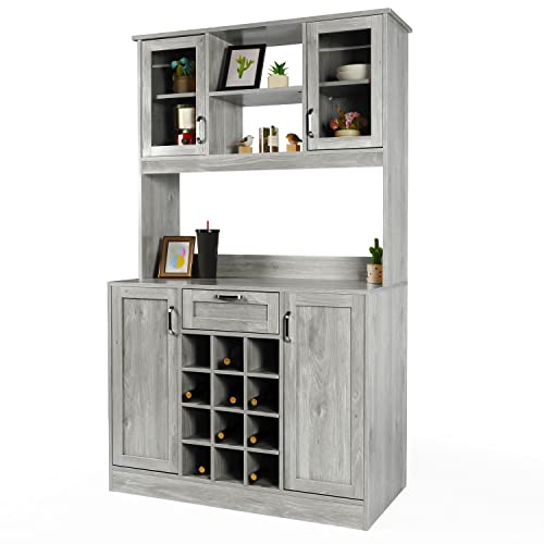 LAZZO Kitchen Buffet with Hutch, Kitchen Hutch Sideboard, Buffet Cabinet with Wine Rack Drawer Glass Door, Freestanding Kitchen Pantry Storage Cupboard with Open Shelves & Countertop for Home Hallway