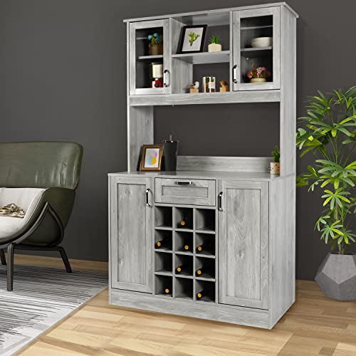 LAZZO Kitchen Buffet with Hutch, Kitchen Hutch Sideboard, Buffet Cabinet with Wine Rack Drawer Glass Door, Freestanding Kitchen Pantry Storage Cupboard with Open Shelves & Countertop for Home Hallway