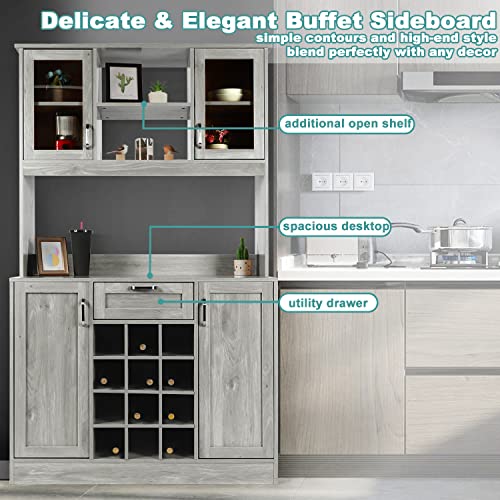 LAZZO Kitchen Buffet with Hutch, Kitchen Hutch Sideboard, Buffet Cabinet with Wine Rack Drawer Glass Door, Freestanding Kitchen Pantry Storage Cupboard with Open Shelves & Countertop for Home Hallway