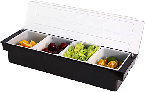 xiyeam 4 Tray Bar Top Food Condiment Dispenser Container with Lid, Plastic Garnish Station for Fruit, Veggie, Salad - Ice Cooled Topping Organizer for Home Restaurant Supplies & Serving