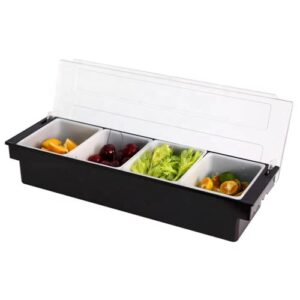 xiyeam 4 Tray Bar Top Food Condiment Dispenser Container with Lid, Plastic Garnish Station for Fruit, Veggie, Salad - Ice Cooled Topping Organizer for Home Restaurant Supplies & Serving