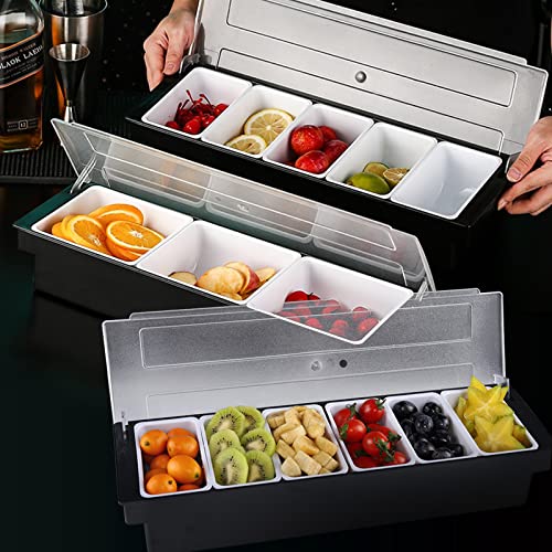 xiyeam 4 Tray Bar Top Food Condiment Dispenser Container with Lid, Plastic Garnish Station for Fruit, Veggie, Salad - Ice Cooled Topping Organizer for Home Restaurant Supplies & Serving