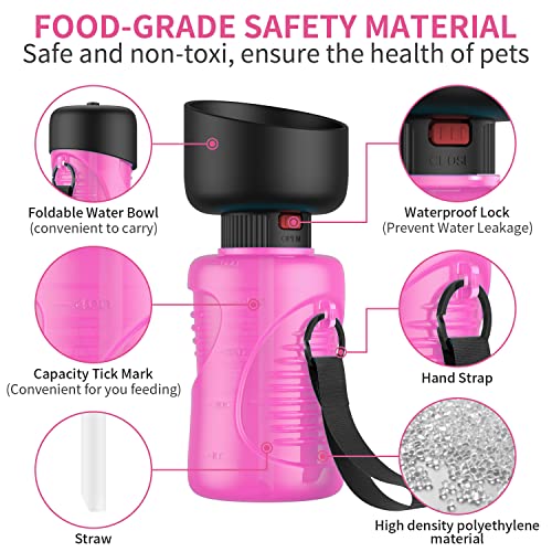 Portable Dog Water Bottle Foldable Pet Water Bottle for Dog with Water Stop Valve Puppy Travel Walking Hiking Water Bottle Leak Proof Pet Water Dispenser Lightweight & Convenient for Outdoor-Pink 18Oz