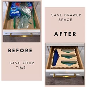 UNIQUE ORGANIZERS Ziplock Bag Storage Organizer for Kitchen Drawer and Wall Mount, Wooden Zip Lock Food Baggie Holder and Dispenser for Ziploc - ASSEMBLED