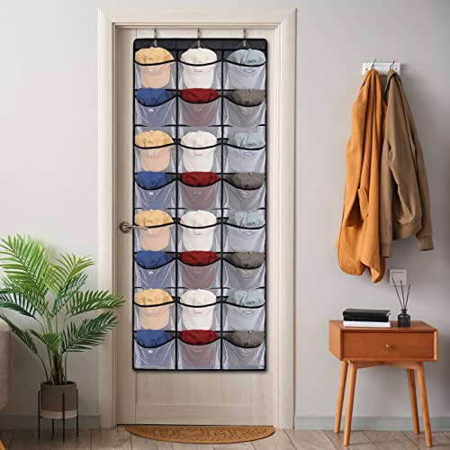 RELBRO Over the Door Hat Rack, Door Baseball Caps Hat Organizer with 24 Large Clear Elastic Mesh Pockets Hat Holder Storage Hat Display Rack with 3 Over Door Hooks - Grey