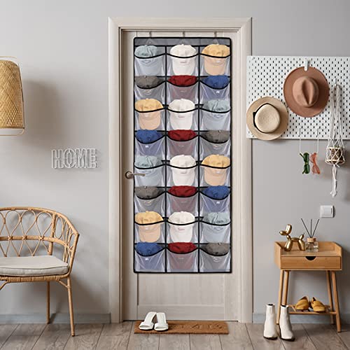 RELBRO Over the Door Hat Rack, Door Baseball Caps Hat Organizer with 24 Large Clear Elastic Mesh Pockets Hat Holder Storage Hat Display Rack with 3 Over Door Hooks - Grey