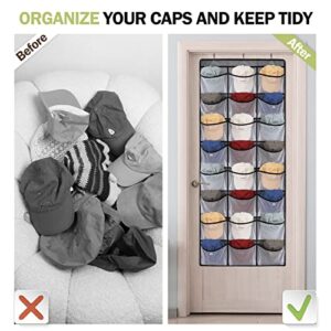 RELBRO Over the Door Hat Rack, Door Baseball Caps Hat Organizer with 24 Large Clear Elastic Mesh Pockets Hat Holder Storage Hat Display Rack with 3 Over Door Hooks - Grey