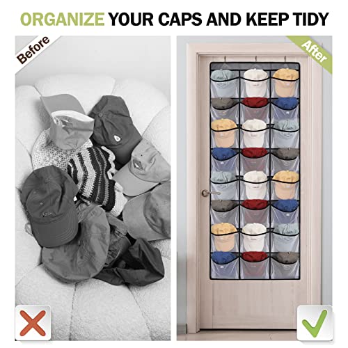 RELBRO Over the Door Hat Rack, Door Baseball Caps Hat Organizer with 24 Large Clear Elastic Mesh Pockets Hat Holder Storage Hat Display Rack with 3 Over Door Hooks - Grey