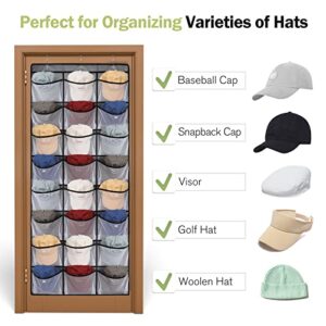 RELBRO Over the Door Hat Rack, Door Baseball Caps Hat Organizer with 24 Large Clear Elastic Mesh Pockets Hat Holder Storage Hat Display Rack with 3 Over Door Hooks - Grey