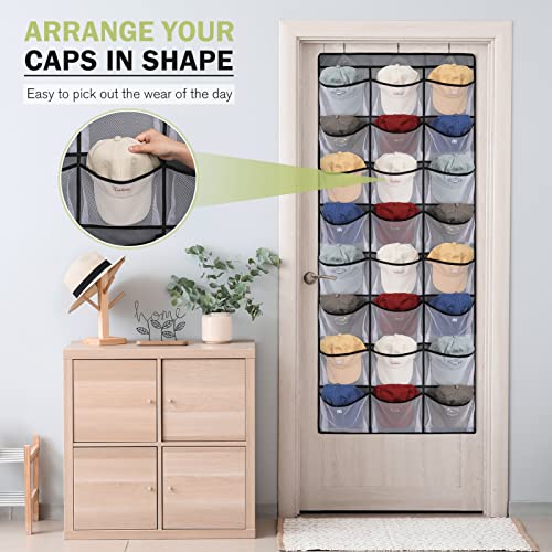 RELBRO Over the Door Hat Rack, Door Baseball Caps Hat Organizer with 24 Large Clear Elastic Mesh Pockets Hat Holder Storage Hat Display Rack with 3 Over Door Hooks - Grey