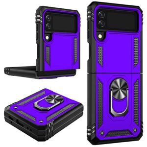 ikazz galaxy z flip 3 case,samsung z flip 3 cover military grade shockproof heavy duty protective phone case pass 16ft drop test with magnetic kickstand holder for samsung galaxy z flip 3 purple