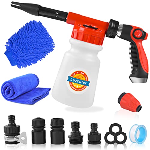 Lezcufer Car Wash Foam Gun, Adjustable Hose Wash Sprayer with Ratio Dial Foam Blaster,with Nozzle, Wash Mitt &Towel,Foam Cannon for Car Cleaning and Garden Use with Quick Connector to Any Garden Hose