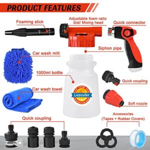 Lezcufer Car Wash Foam Gun, Adjustable Hose Wash Sprayer with Ratio Dial Foam Blaster,with Nozzle, Wash Mitt &Towel,Foam Cannon for Car Cleaning and Garden Use with Quick Connector to Any Garden Hose