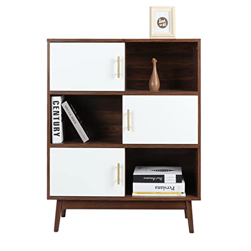 Anmytek Cube Bookcase with Doors and Display Shelves, Mid-Century Modern Bookshelf with Legs, Free Standing Walnut Storage Shelf Open Cabinet for Bedroom, Living Room, Office H0035