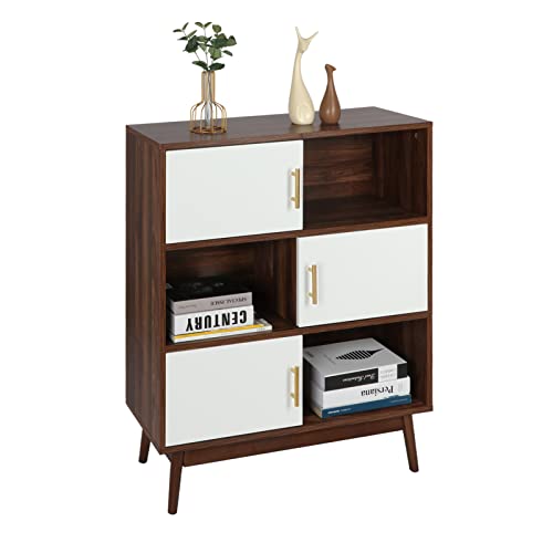 Anmytek Cube Bookcase with Doors and Display Shelves, Mid-Century Modern Bookshelf with Legs, Free Standing Walnut Storage Shelf Open Cabinet for Bedroom, Living Room, Office H0035