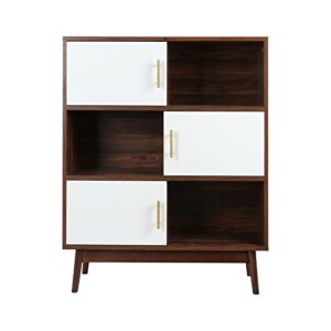 Anmytek Cube Bookcase with Doors and Display Shelves, Mid-Century Modern Bookshelf with Legs, Free Standing Walnut Storage Shelf Open Cabinet for Bedroom, Living Room, Office H0035