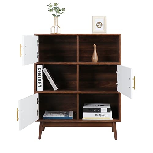 Anmytek Cube Bookcase with Doors and Display Shelves, Mid-Century Modern Bookshelf with Legs, Free Standing Walnut Storage Shelf Open Cabinet for Bedroom, Living Room, Office H0035