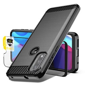 dretal motorola moto g pure case, shock-absorption carbon fiber cover with tempered glass protector (ls-black)