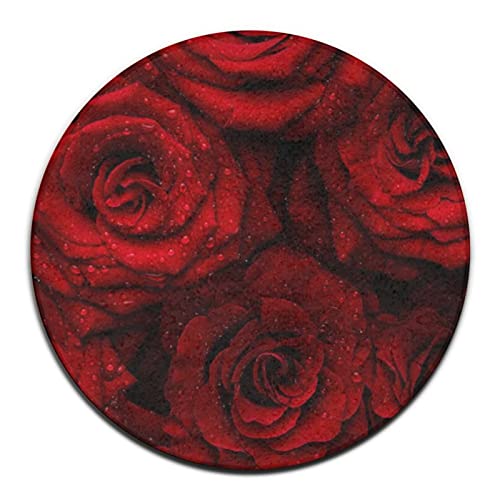 Fashion Round Area Rug Soft Flannel Throw Rugs Non-Slip Floor Carpet Home Decor for Living Room Bedroom Office, Red Rose, 60 Inch Diameter