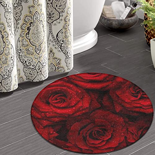 Fashion Round Area Rug Soft Flannel Throw Rugs Non-Slip Floor Carpet Home Decor for Living Room Bedroom Office, Red Rose, 60 Inch Diameter