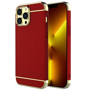 rorsou iphone 13 pro max case, 3 in 1 ultra thin and slim hard case coated non slip matte surface with electroplate frame for apple iphone 13 pro max (6.7")(2020) - red and gold