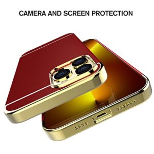 RORSOU iPhone 13 Pro Max Case, 3 in 1 Ultra Thin and Slim Hard Case Coated Non Slip Matte Surface with Electroplate Frame for Apple iPhone 13 Pro Max (6.7")(2020) - Red and Gold