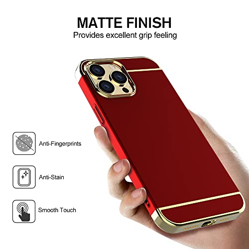 RORSOU iPhone 13 Pro Max Case, 3 in 1 Ultra Thin and Slim Hard Case Coated Non Slip Matte Surface with Electroplate Frame for Apple iPhone 13 Pro Max (6.7")(2020) - Red and Gold