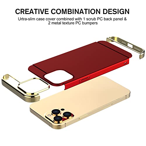 RORSOU iPhone 13 Pro Max Case, 3 in 1 Ultra Thin and Slim Hard Case Coated Non Slip Matte Surface with Electroplate Frame for Apple iPhone 13 Pro Max (6.7")(2020) - Red and Gold