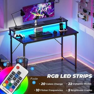 SUPERJARE 47 inch Computer Desk with LED Lights & Power Outlets, Home Office Desk with Monitor Shelf, Small Desk for Home & Office, Black