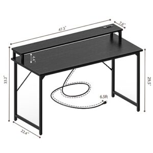 SUPERJARE 47 inch Computer Desk with LED Lights & Power Outlets, Home Office Desk with Monitor Shelf, Small Desk for Home & Office, Black