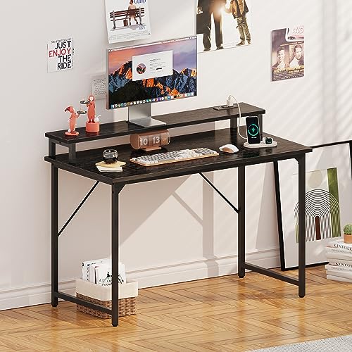 SUPERJARE 47 inch Computer Desk with LED Lights & Power Outlets, Home Office Desk with Monitor Shelf, Small Desk for Home & Office, Black