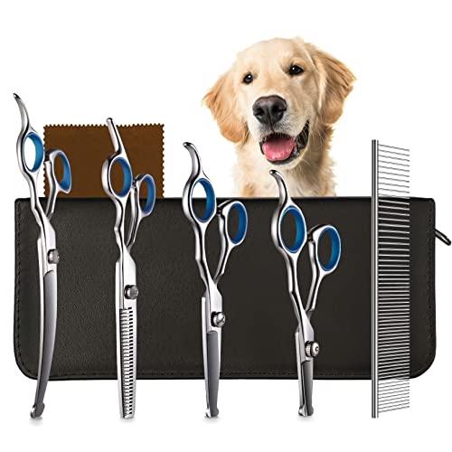 Pogeair 6 in 1 Safety Round Head 4CR Stainless Steel Dog Grooming Scissors Kit, Heavy Duty Titanium Coated Pet Grooming Scissors for Dogs, Cats & Other Pets