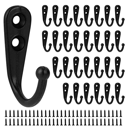 30PCS Black Hooks for Hanging Towel, Wall Mounted Coat Hooks Robe Hook with 60 Screws for Bedroom/Entryway/Closet/Kitchen/Office, Small Heavy Duty Hooks, Hat Cup Mug Hooks, Hooks for Wall DIY Hook