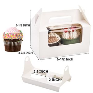 Jucoan 60 Pack White Cupcake Boxes with Insert, Handle and Window Hold 2 Standard Cupcakes, Kraft Paper Cupcake Container, Portable Cupcake Holder, Bakery Pastry Container for Cupcake, Muffins