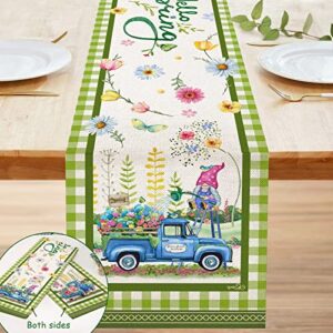 spring table runner, hello spring table runners 72 inches long, blue truck with gnomes seasonal runner, flowers blossoms green buffalo plaid small coffee table cloth for home dining room