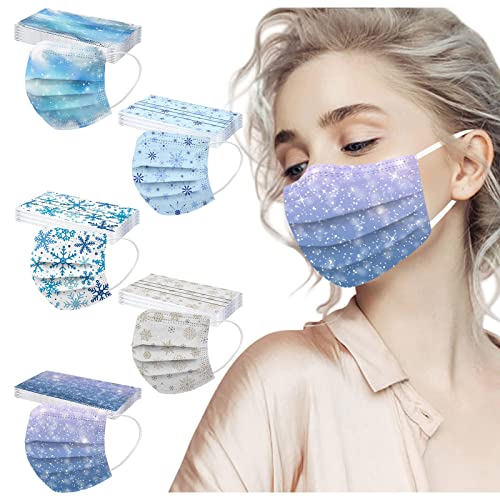 Wtosuhe 50Pcs Adults Disposable Frozen Snowflake Face_Masks with Cartoon Designs, 3-Ply Winter Breathable FaceMasks with Nose Wire for Women Man Holiday Work Travel (Snow_C) (Snow_C)